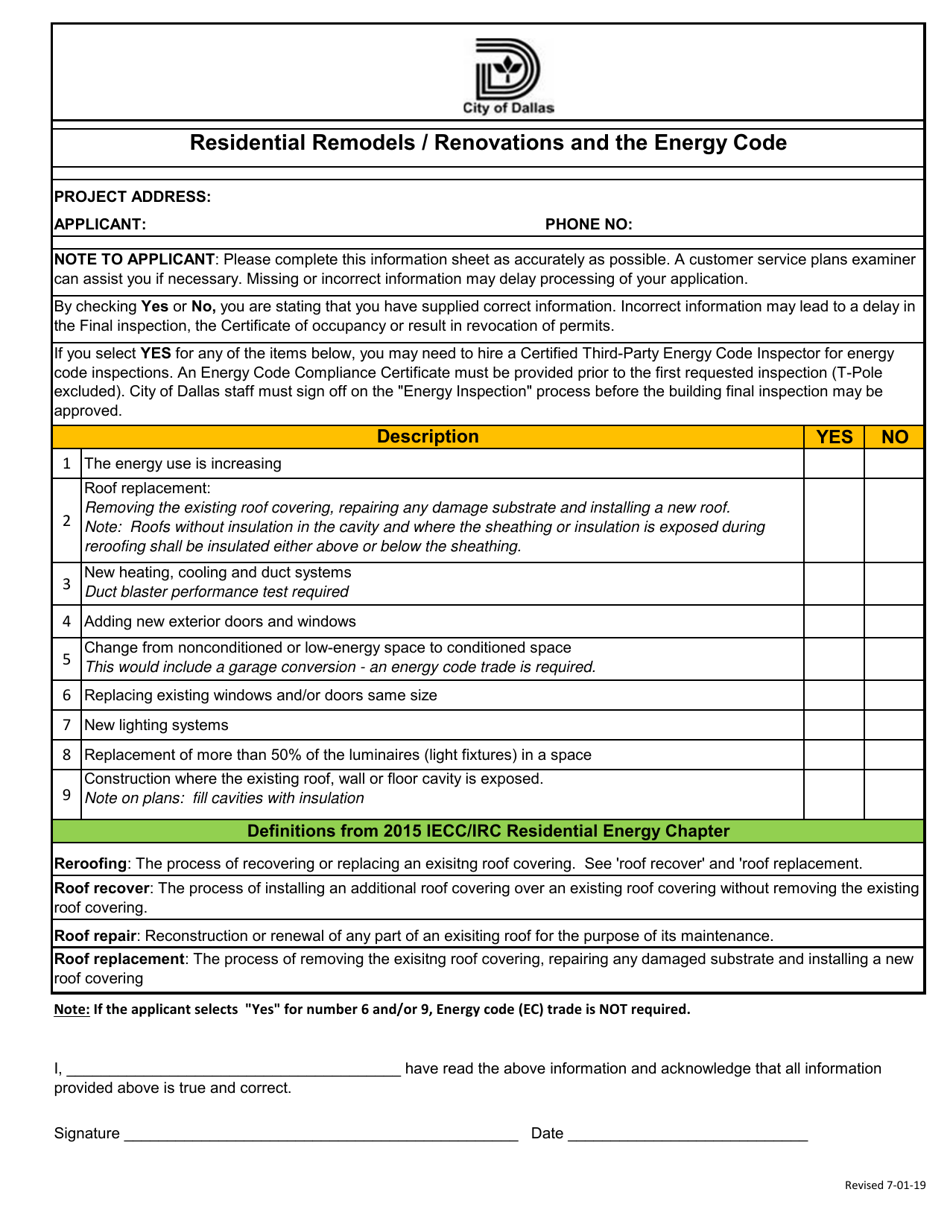 City of Dallas, Texas Residential Remodels/Renovations and the Energy ...