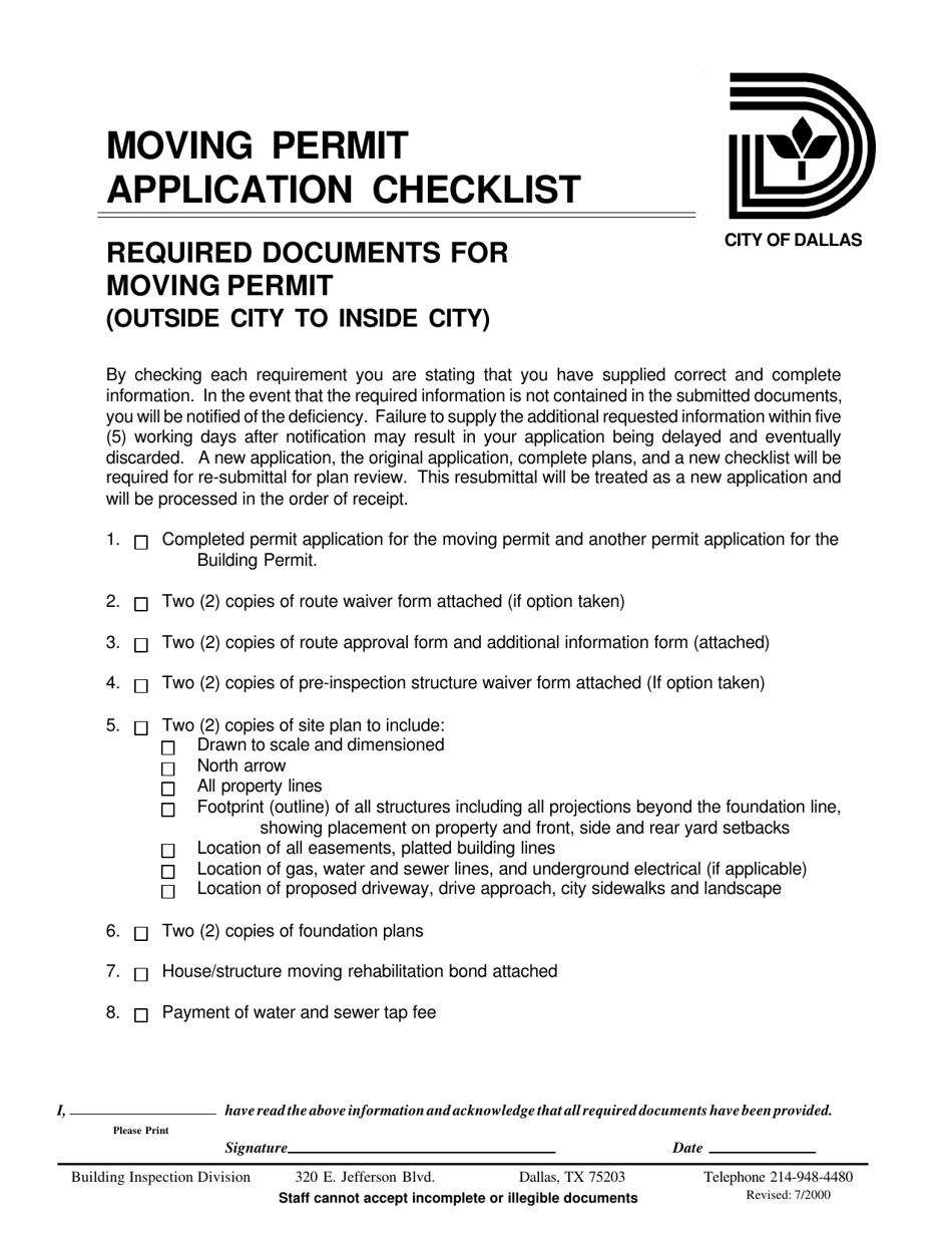 City of Dallas, Texas Moving Permit Application Checklist (Outside City ...
