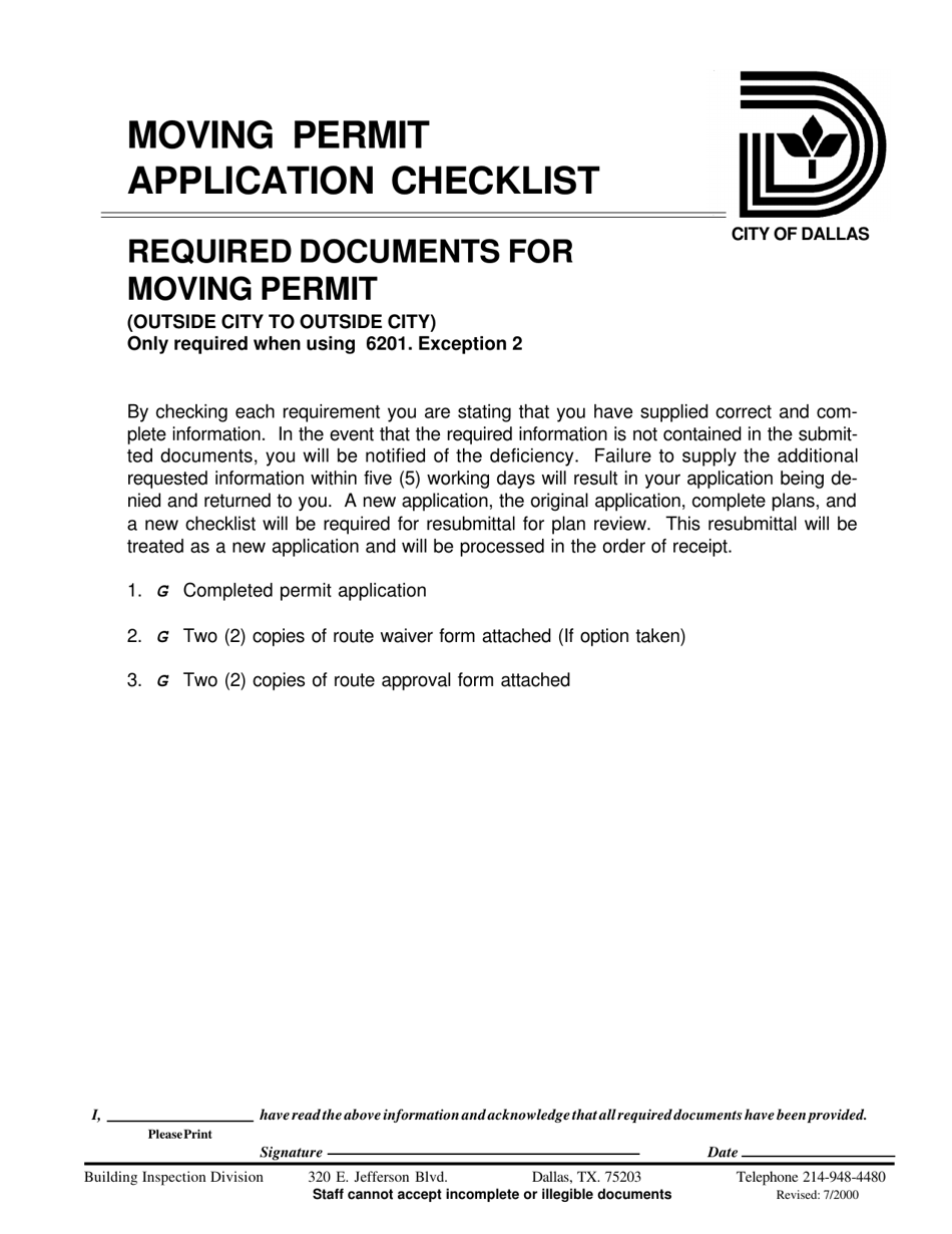 City of Dallas, Texas Moving Permit Application Checklist (Outside City ...
