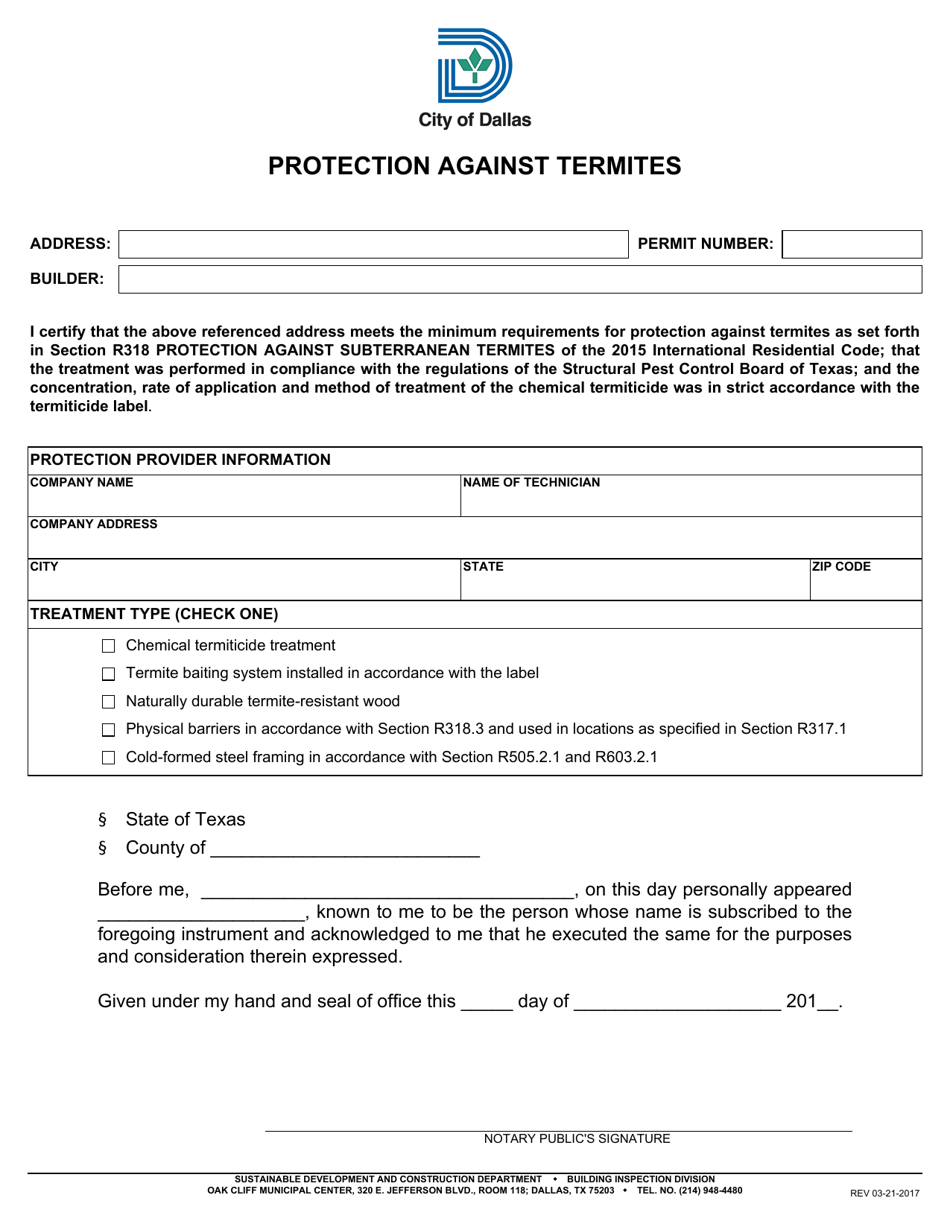 City of Dallas, Texas Protection Against Termites - Fill Out, Sign ...