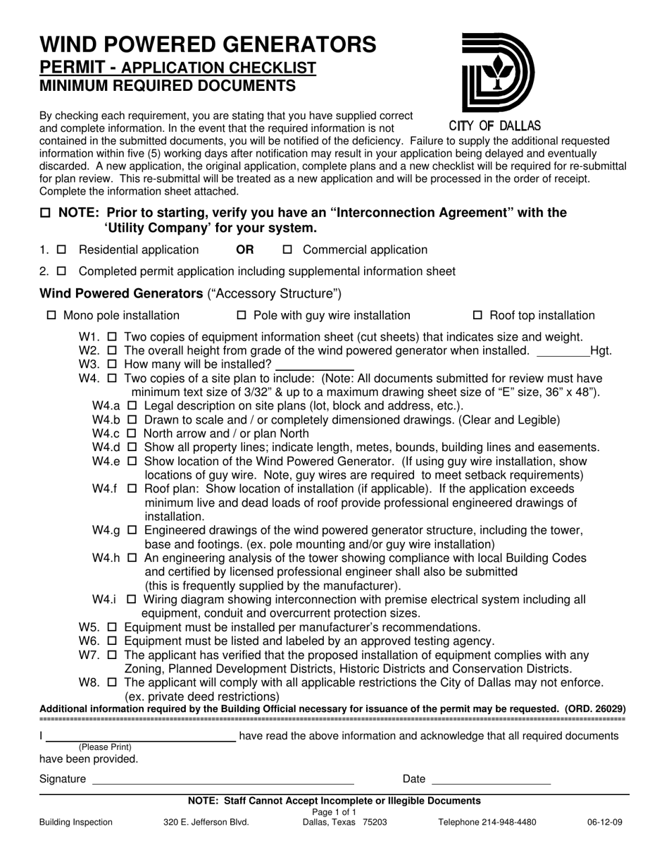 City of Dallas, Texas Wind Powered Generators Permit - Application ...