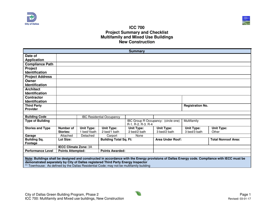 City of Dallas, Texas Icc 700 Project Summary and Checklist ...