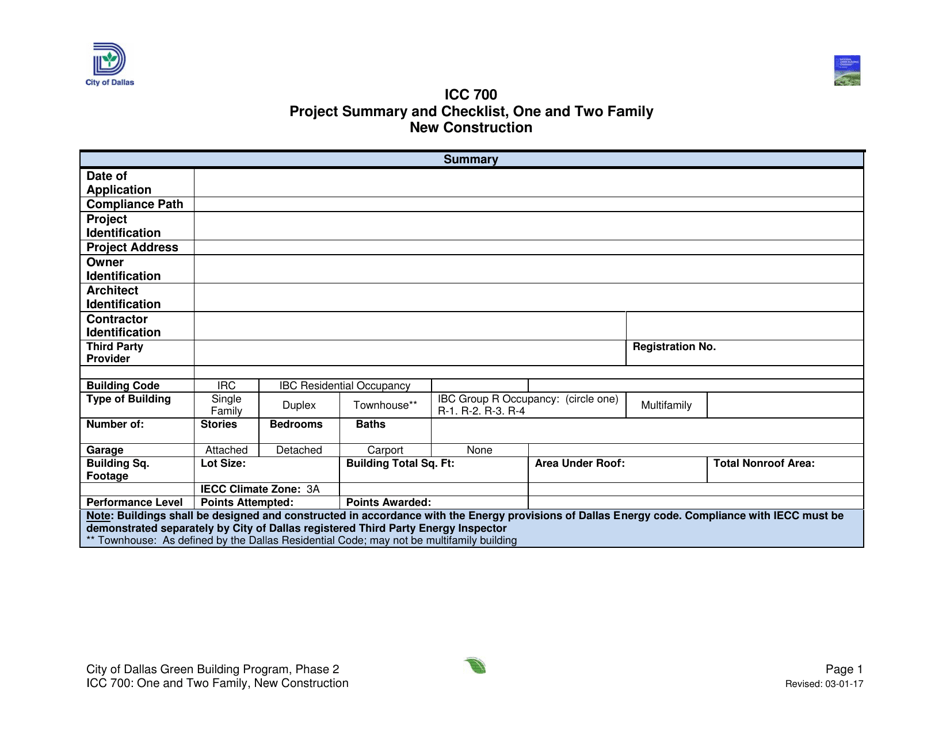 City of Dallas, Texas Icc 700 Project Summary and Checklist - One and ...