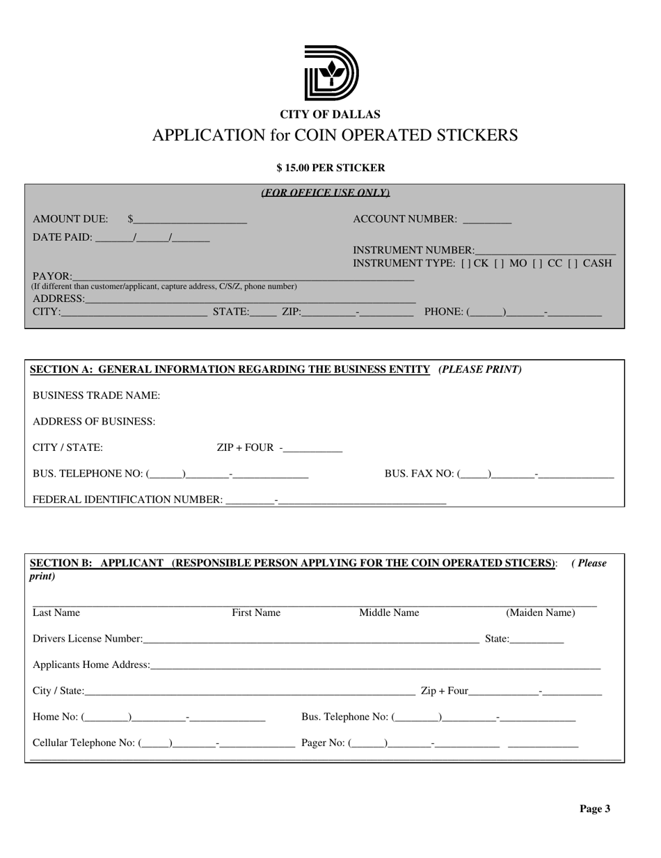 City of Dallas, Texas Application for Coin Operated Stickers - Fill Out ...