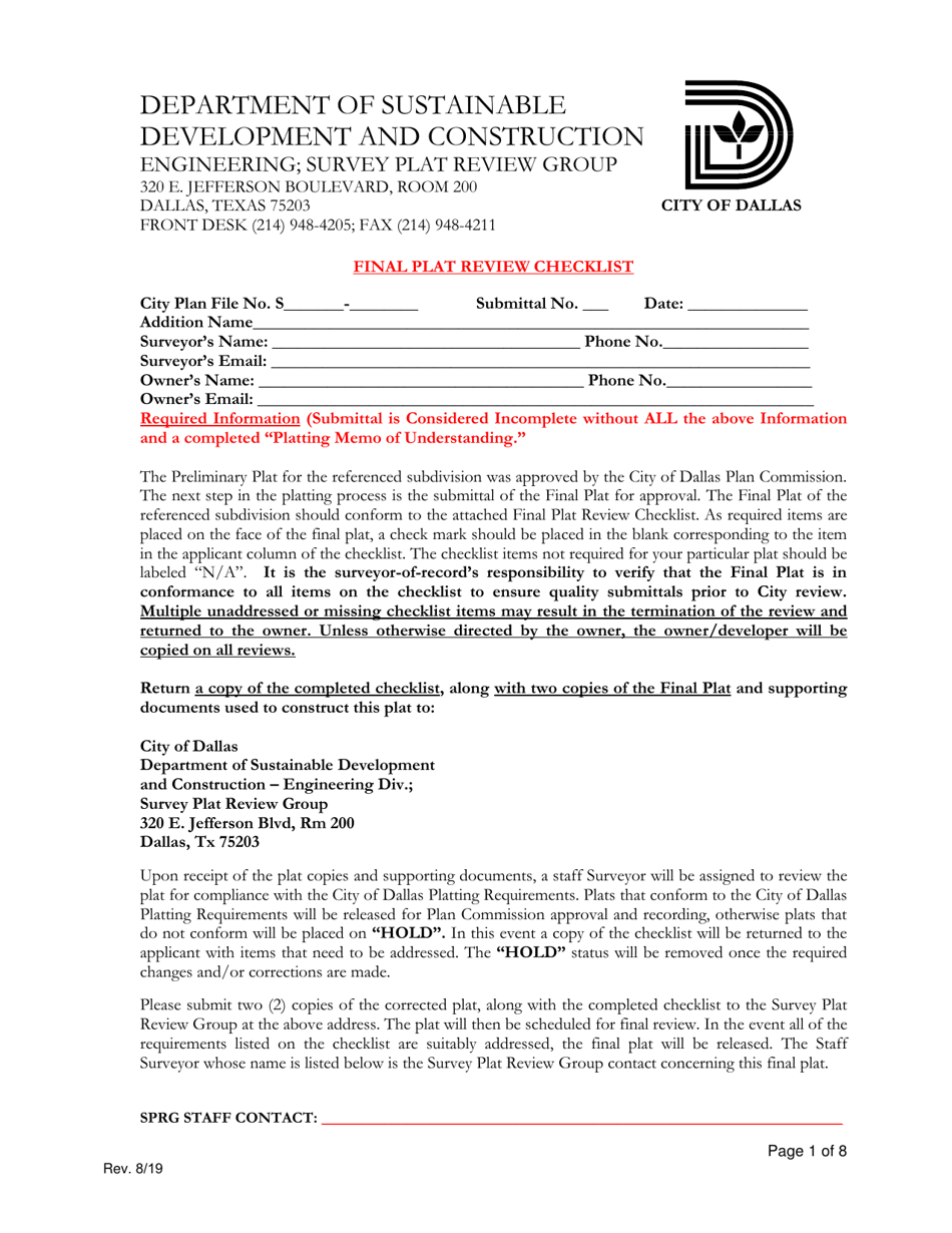 City of Dallas, Texas Final Plat Review Checklist - Fill Out, Sign ...