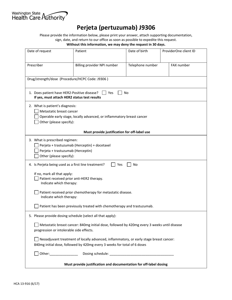 Form HCA13-916 Download Fillable PDF or Fill Online Perjeta (Pertuzumab ...