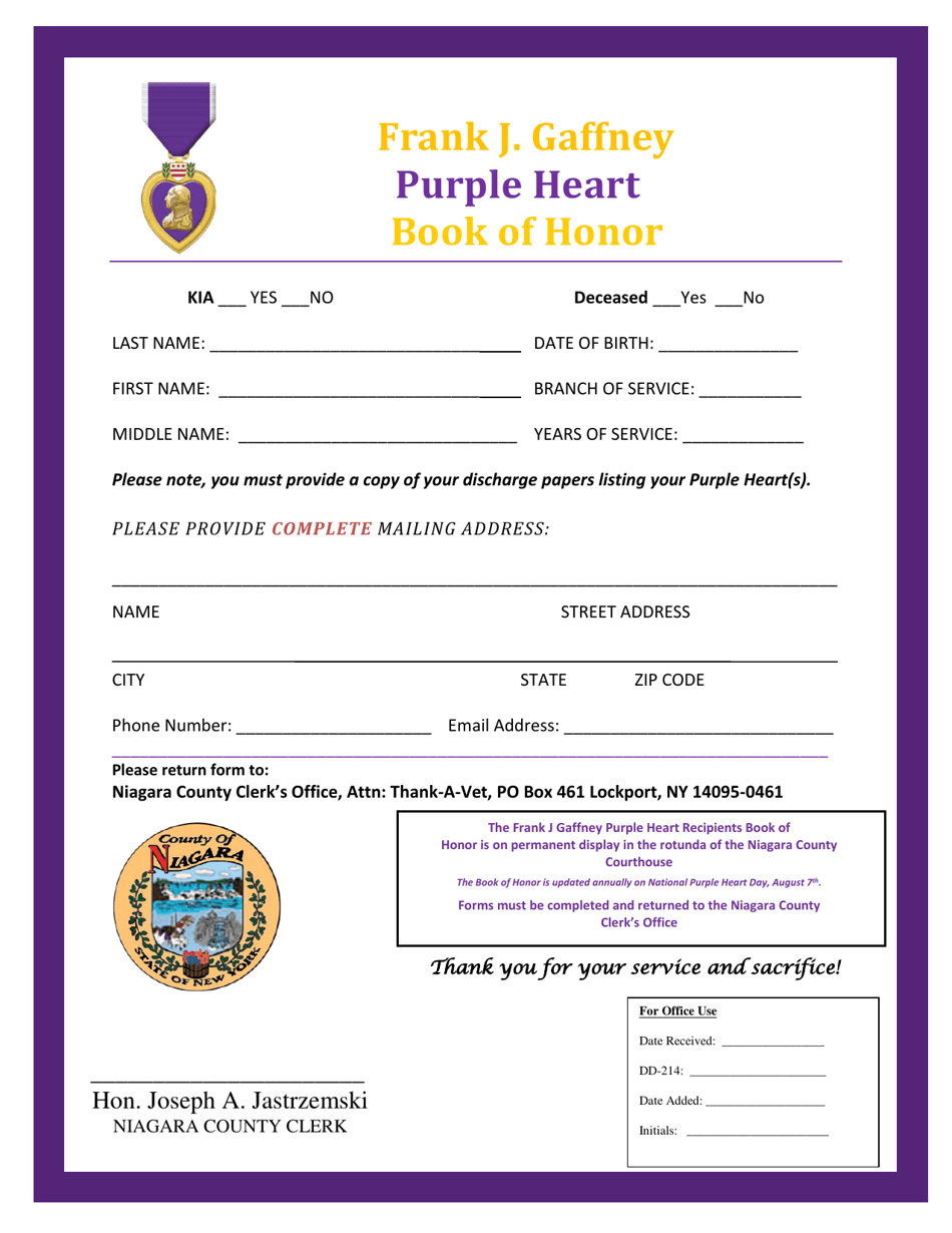 Niagara County, New York Frank J. Gaffney Purple Heart Recipient Form ...