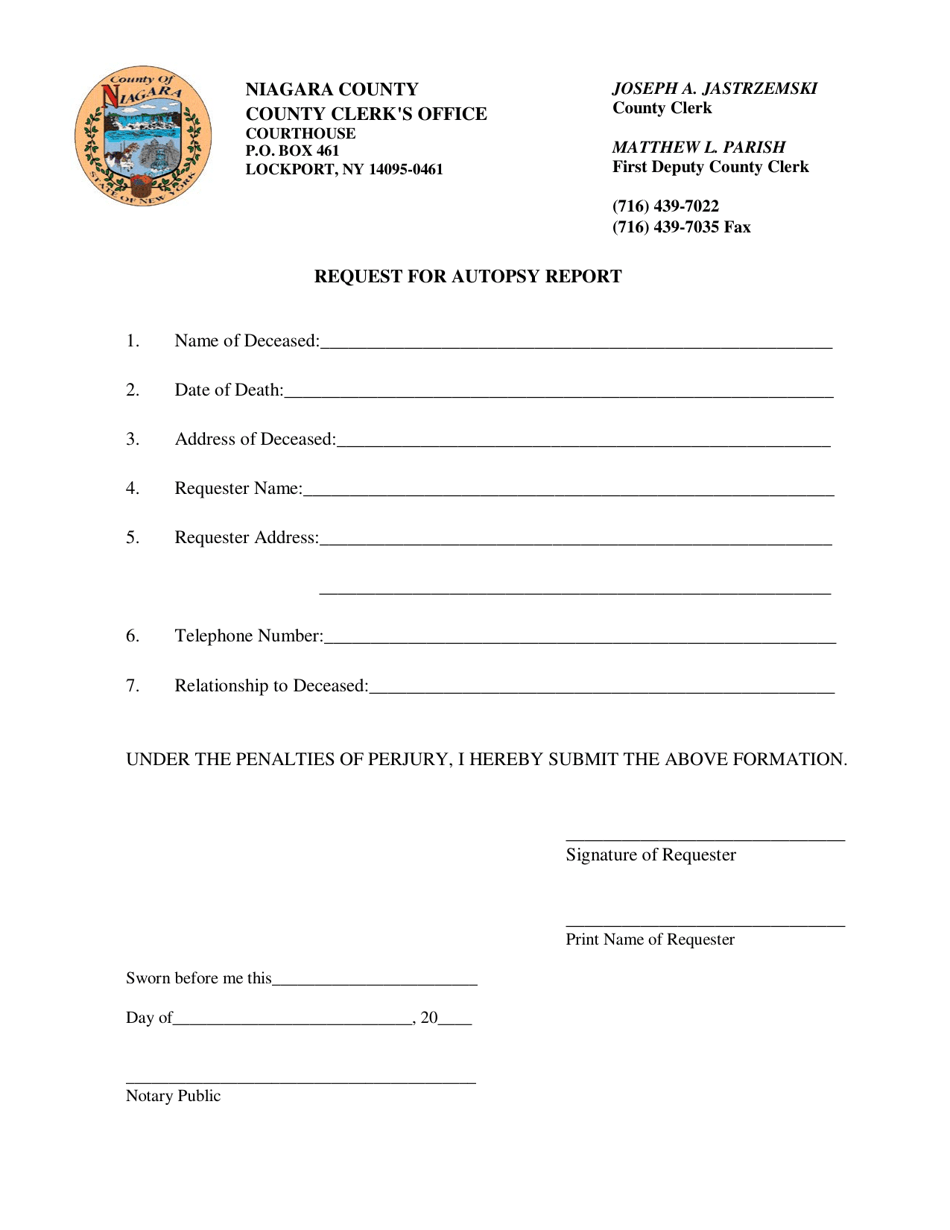Niagara County, New York Request for Autopsy Report - Fill Out, Sign ...