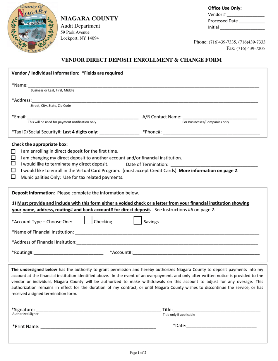 Niagara County, New York Vendor Direct Deposit Enrollment & Change Form ...