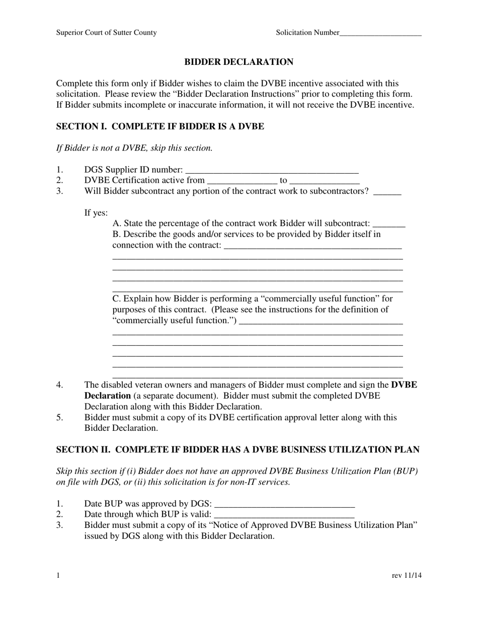County of Sutter, California Dvbe Bidder Declaration - Fill Out, Sign ...