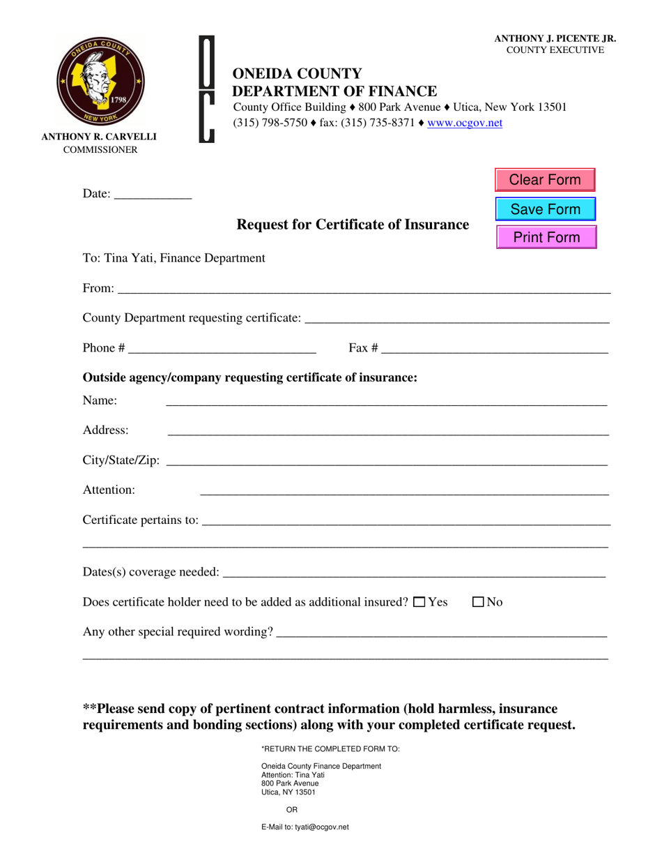 Oneida County, New York Request for Certificate of Insurance - Fill Out, Sign Online and ...