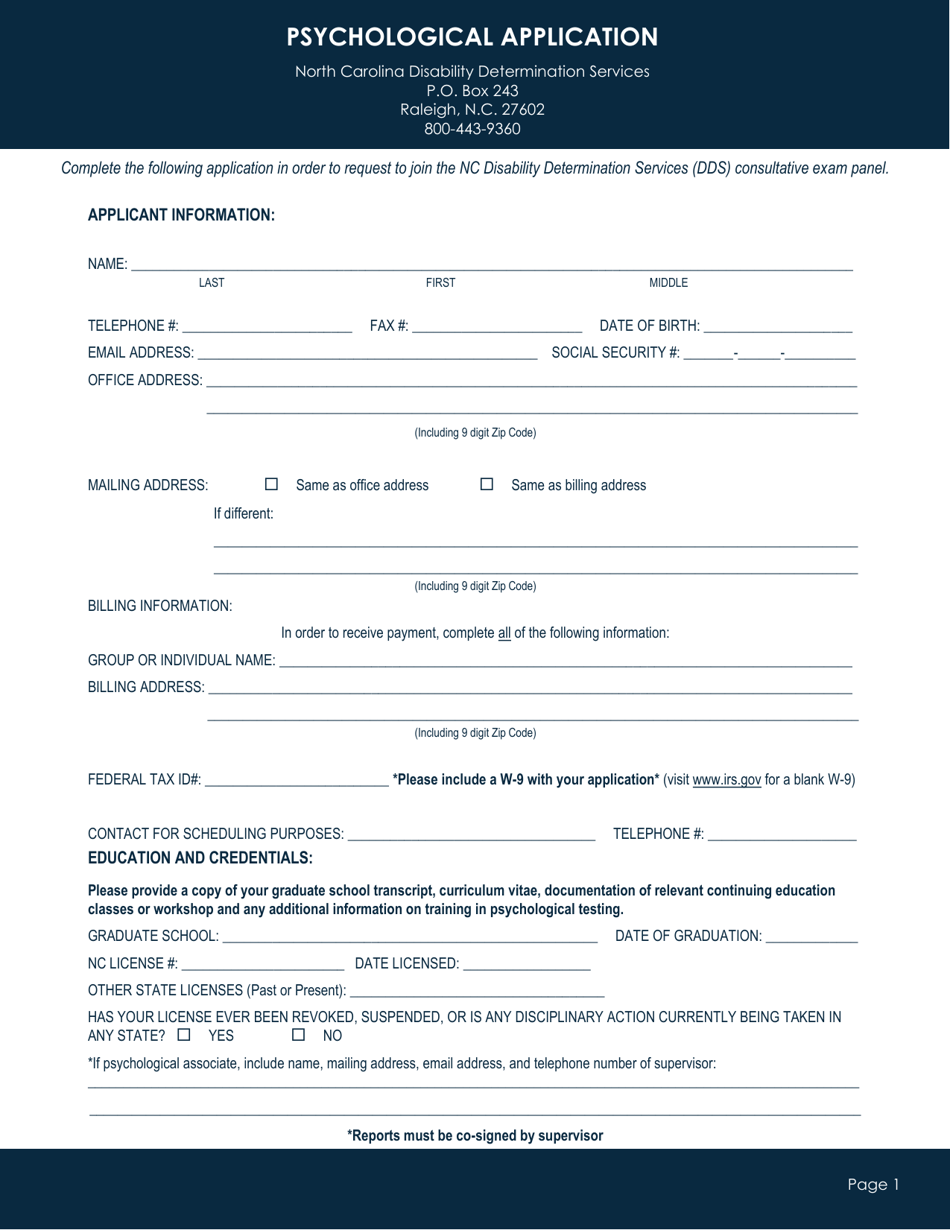North Carolina Psychological Application - Fill Out, Sign Online and Download PDF | Templateroller