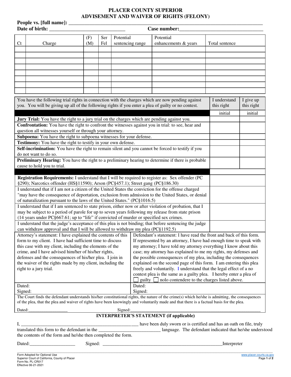 Form PL-CR017 - Fill Out, Sign Online and Download Fillable PDF, County ...