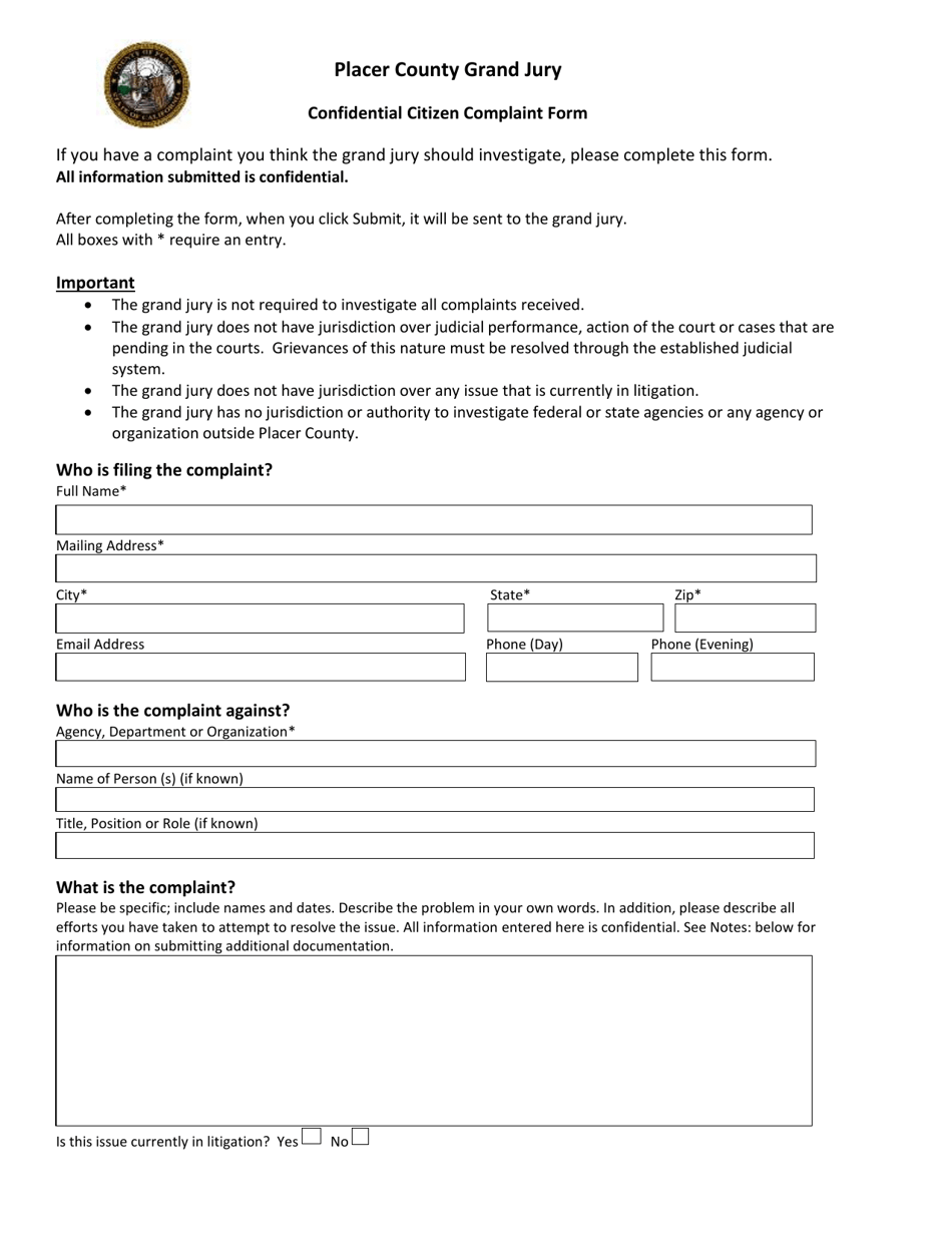 County of Placer, California Confidential Citizen Complaint Form - Fill ...
