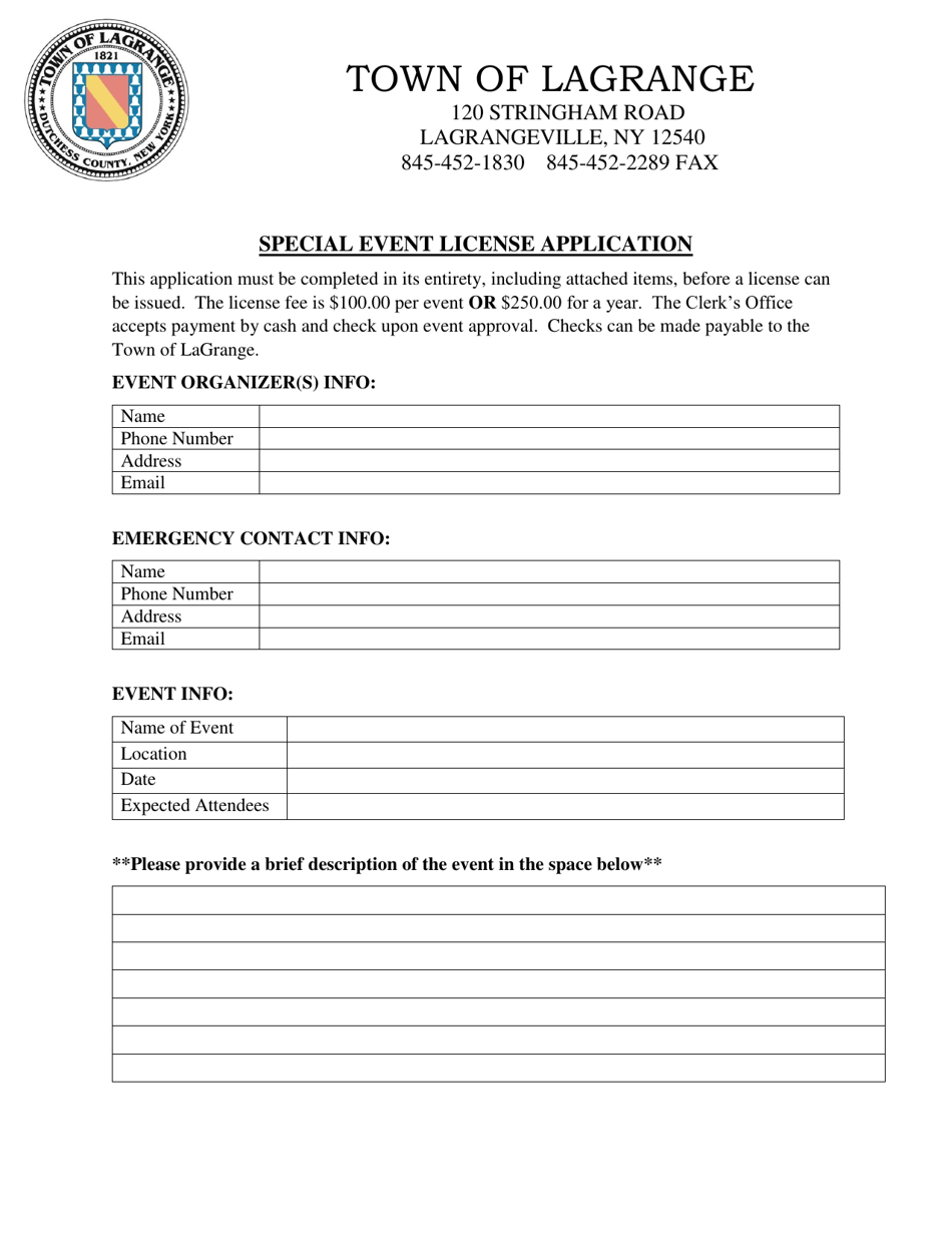 Town of LaGgrange, New York Special Event License Application - Fill ...