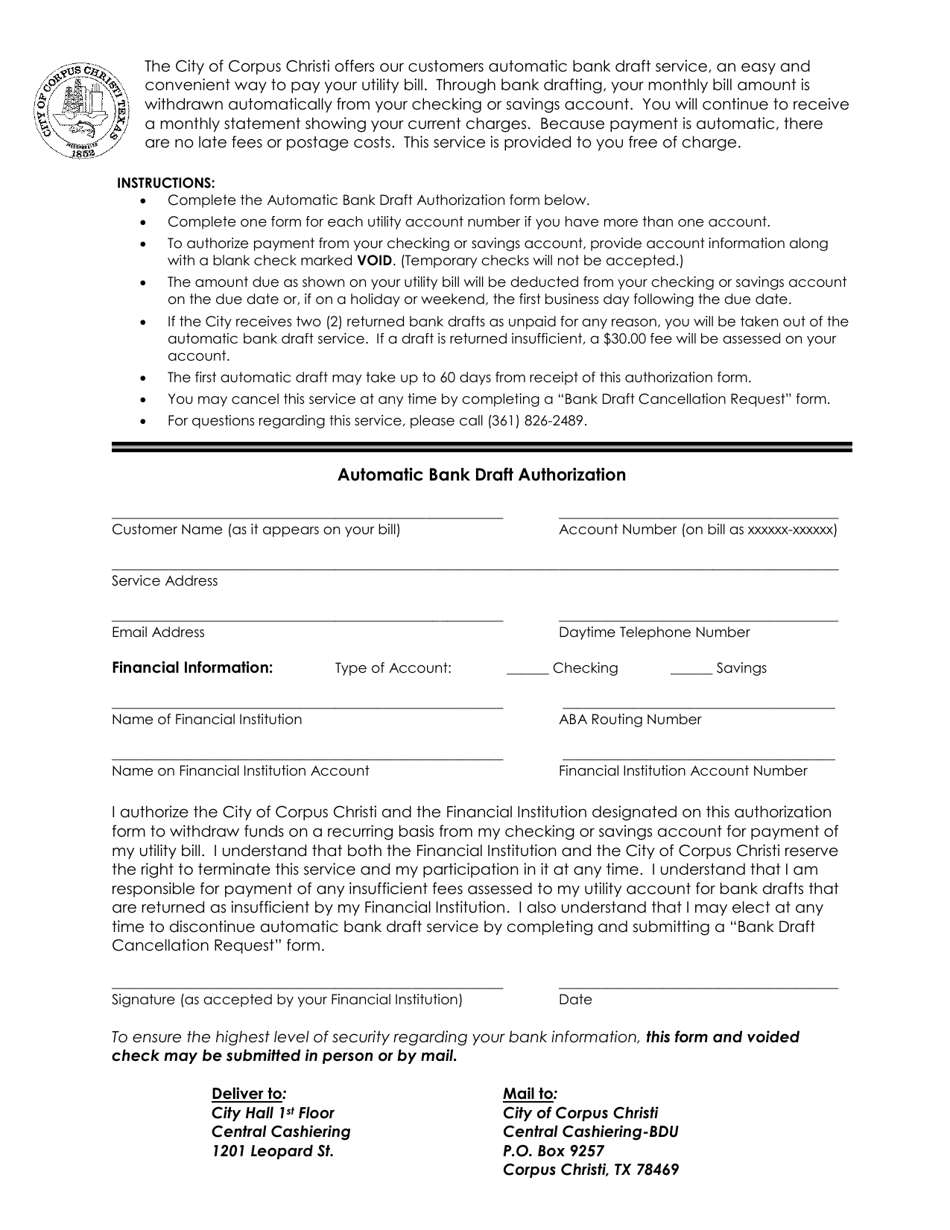 City of Corpus Christi, Texas Automatic Bank Draft Authorization - Fill Out, Sign Online and ...