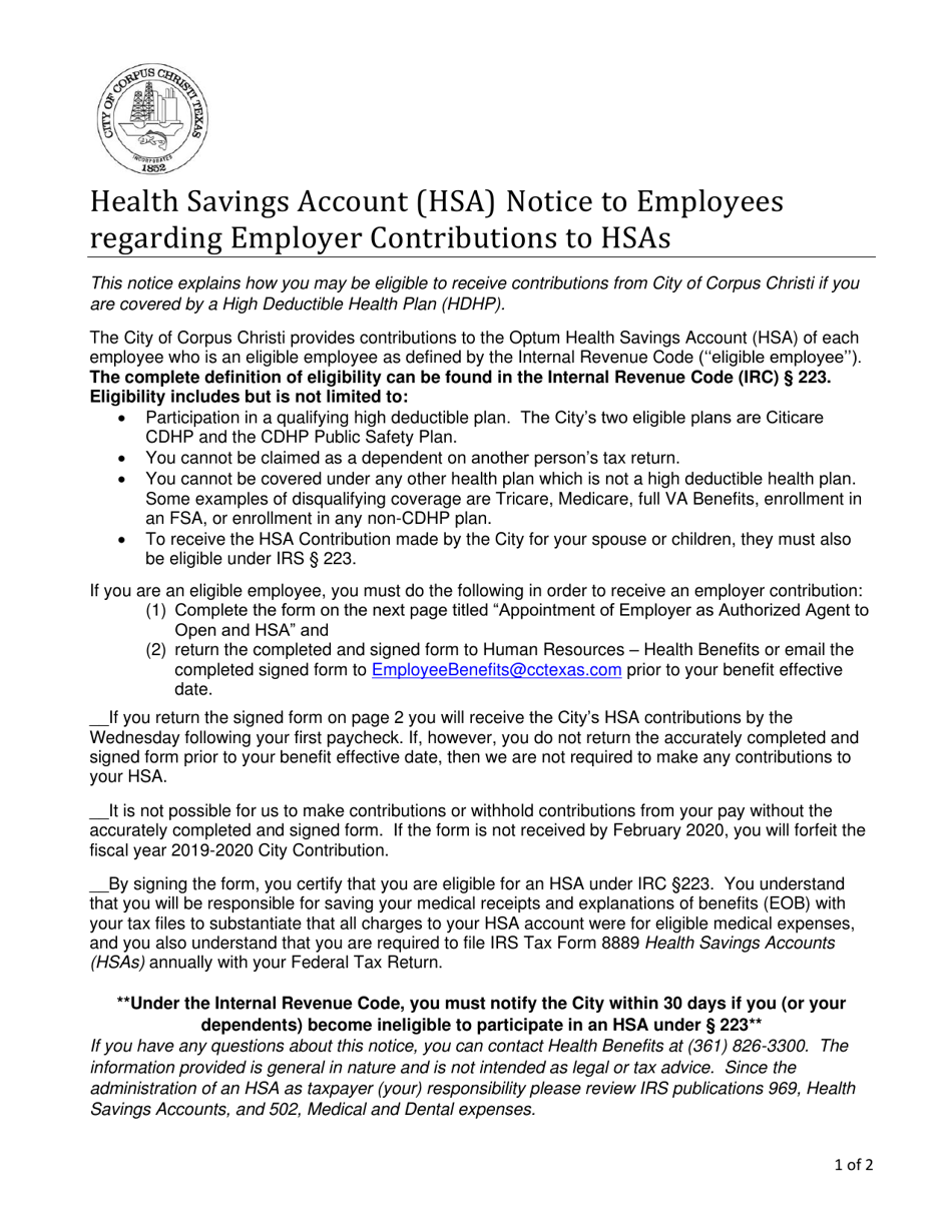 City of Corpus Christi, Texas Health Savings Account (Hsa) Enrollment ...