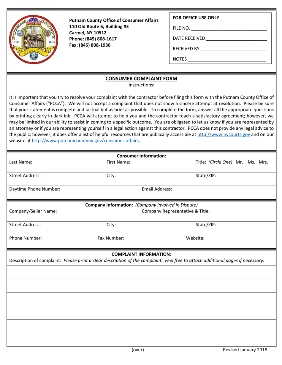 Putnam County, New York Consumer Complaint Form - Fill Out, Sign Online ...