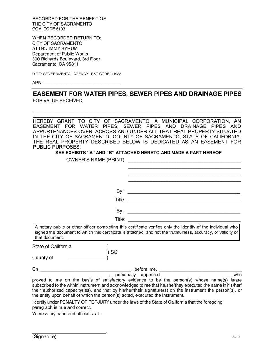 City of Sacramento, California Easement for Water Pipes, Sewer Pipes ...