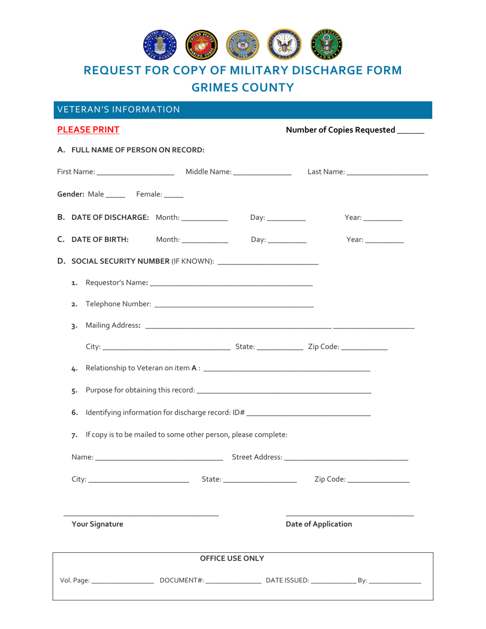 Grimes County, Texas Request for Copy of Military Discharge Form - Fill ...