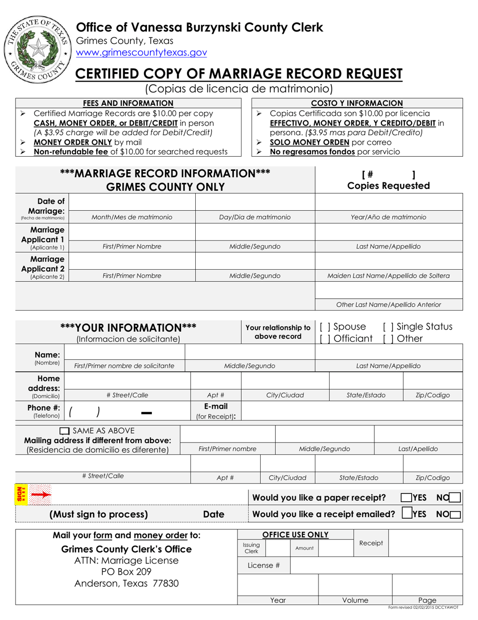 Grimes County, Texas Certified Copy of Marriage Record Request - Fill Out, Sign Online and ...
