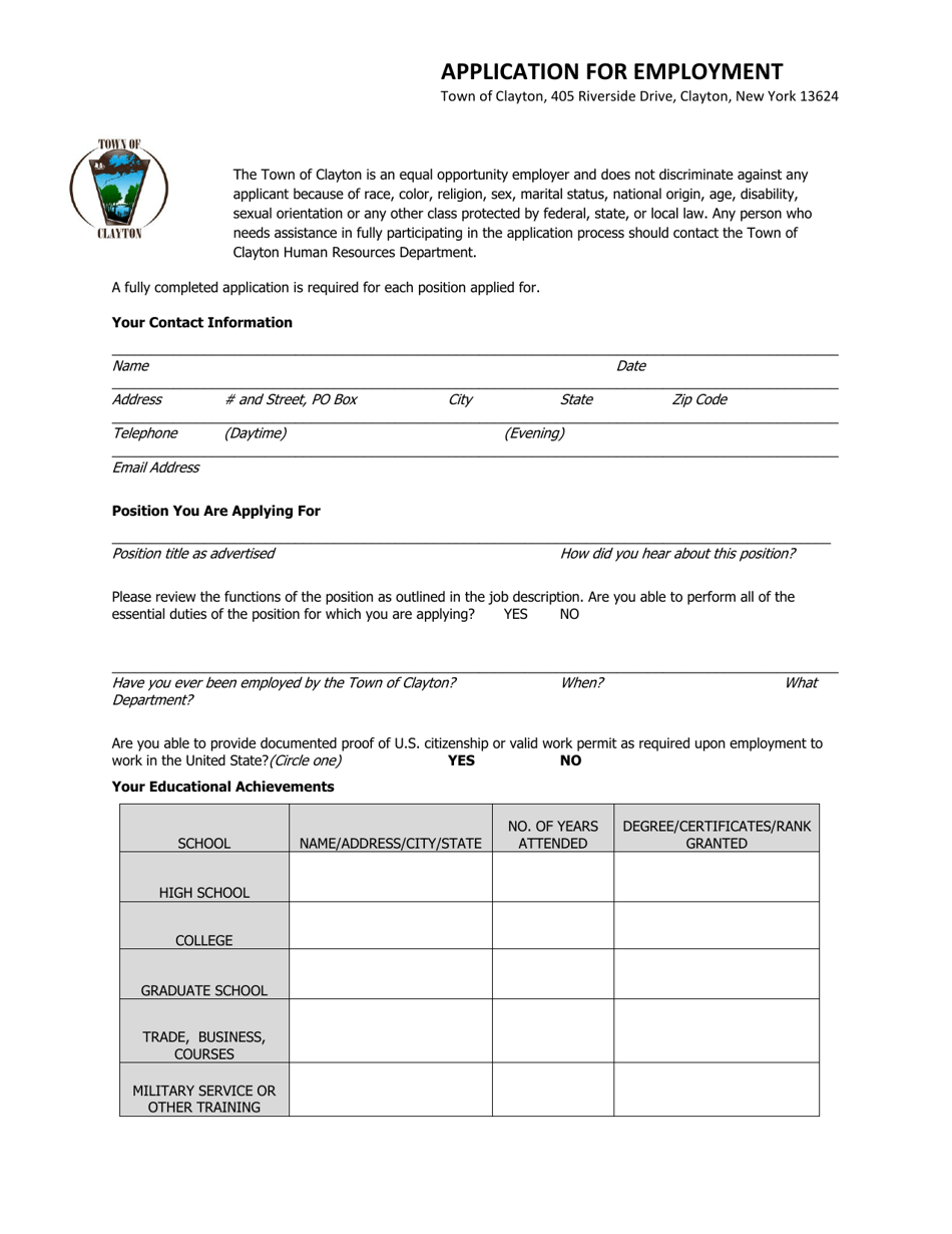 Town of Clayton, New York Application for Employment - Fill Out, Sign ...