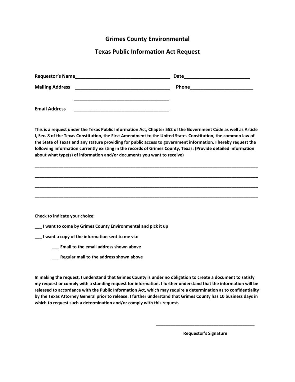 Grimes County, Texas Texas Public Information Act Request - Fill Out ...