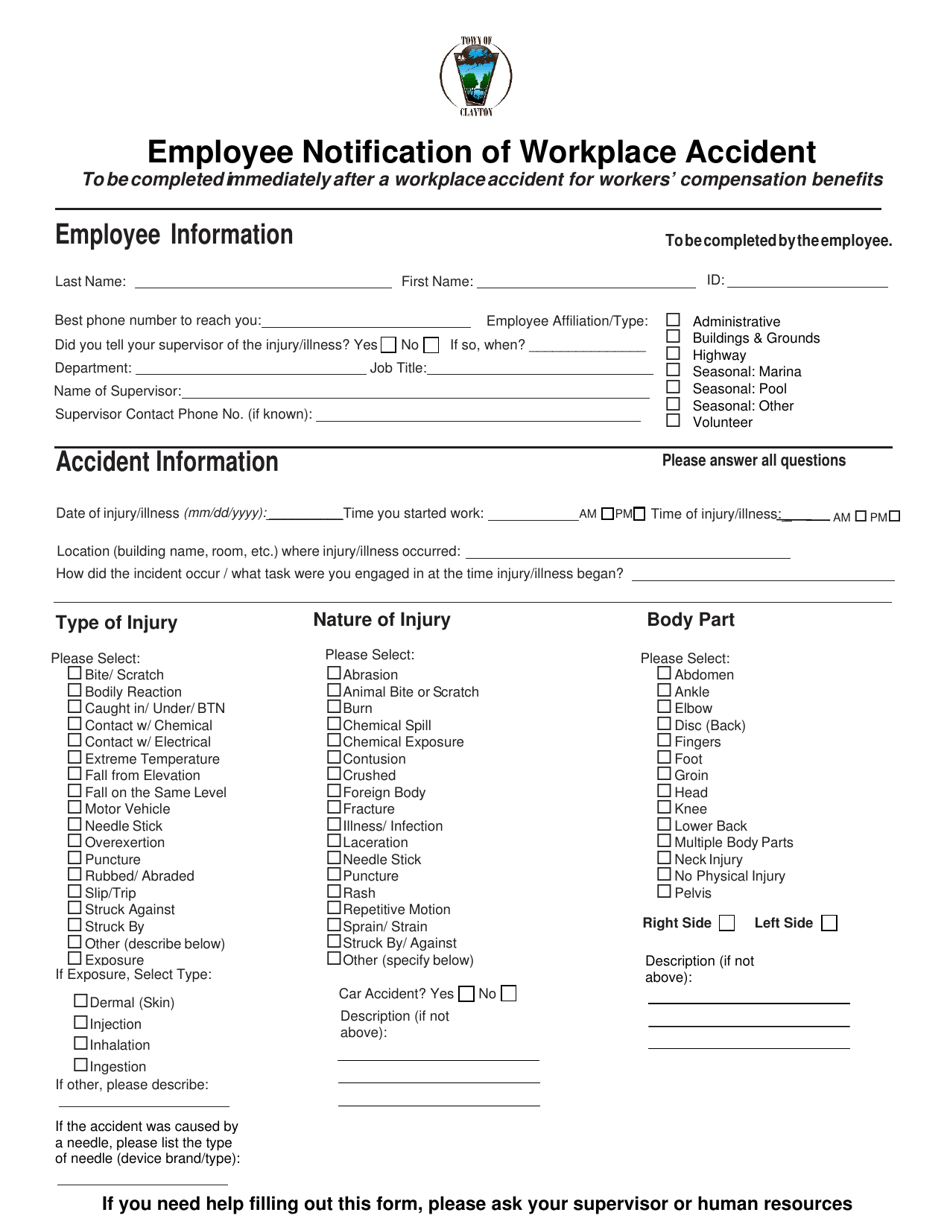 Town of Clayton, New York Employee Notification of Workplace Accident ...
