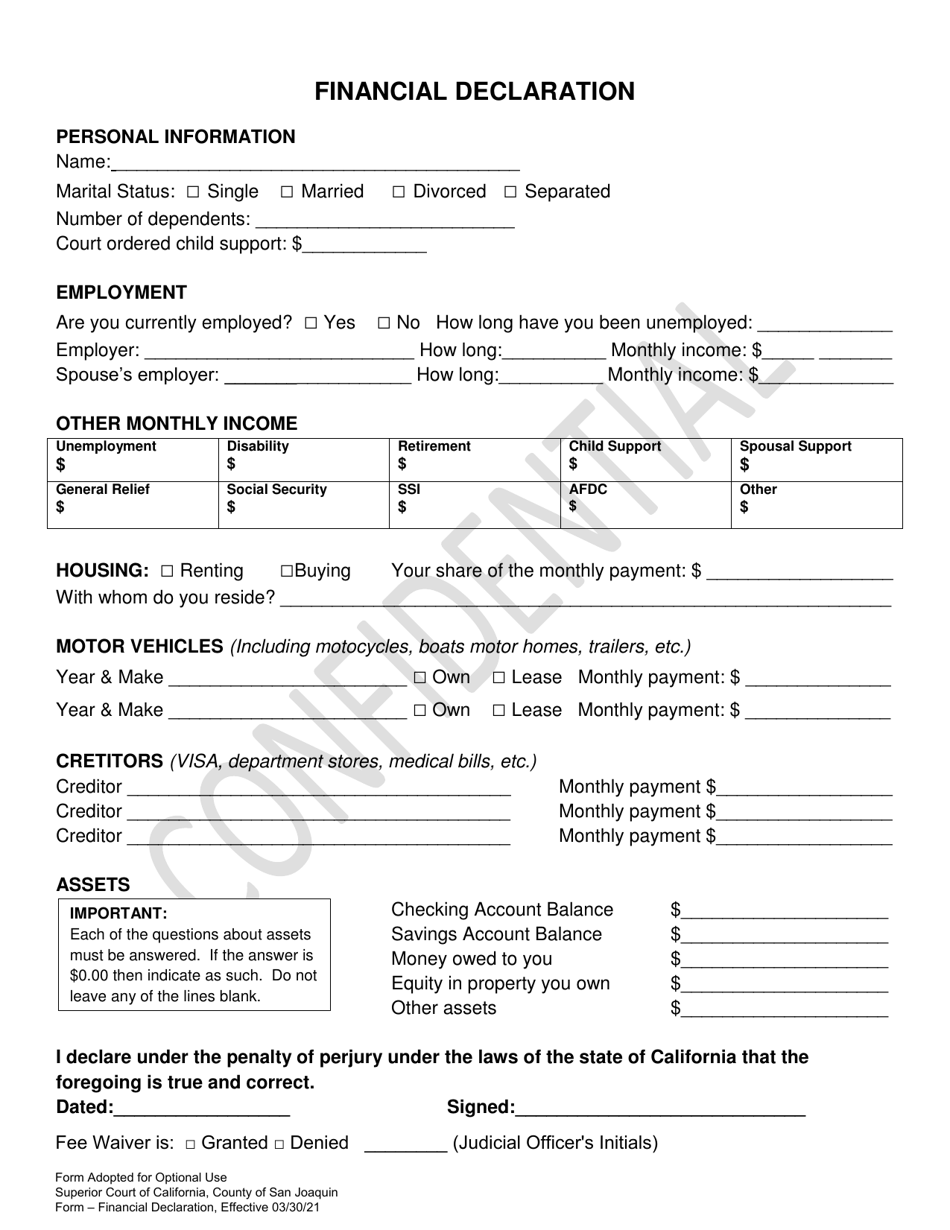 County of San Joaquin, California Financial Declaration - Fill Out ...
