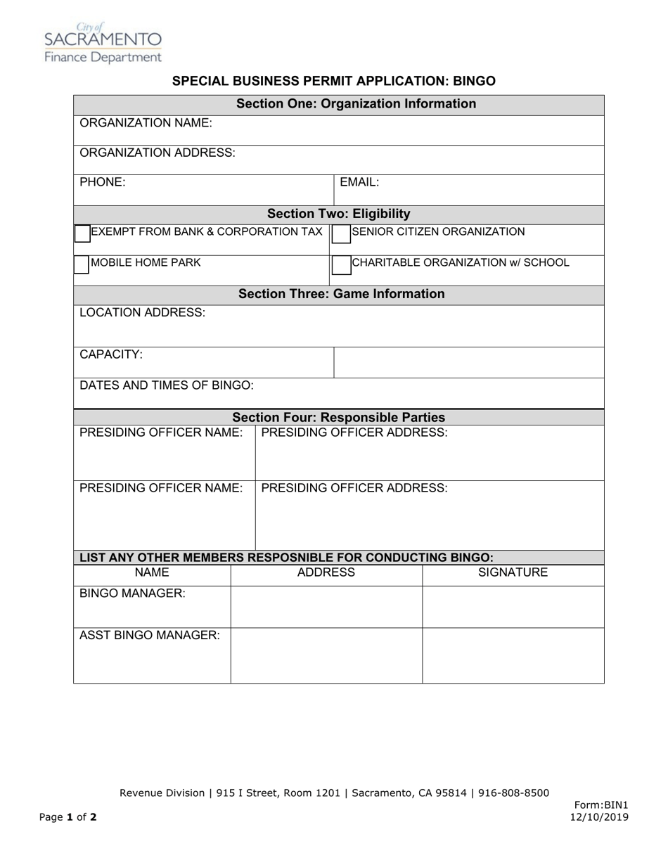 Form BIN1 - Fill Out, Sign Online and Download Fillable PDF, City of ...
