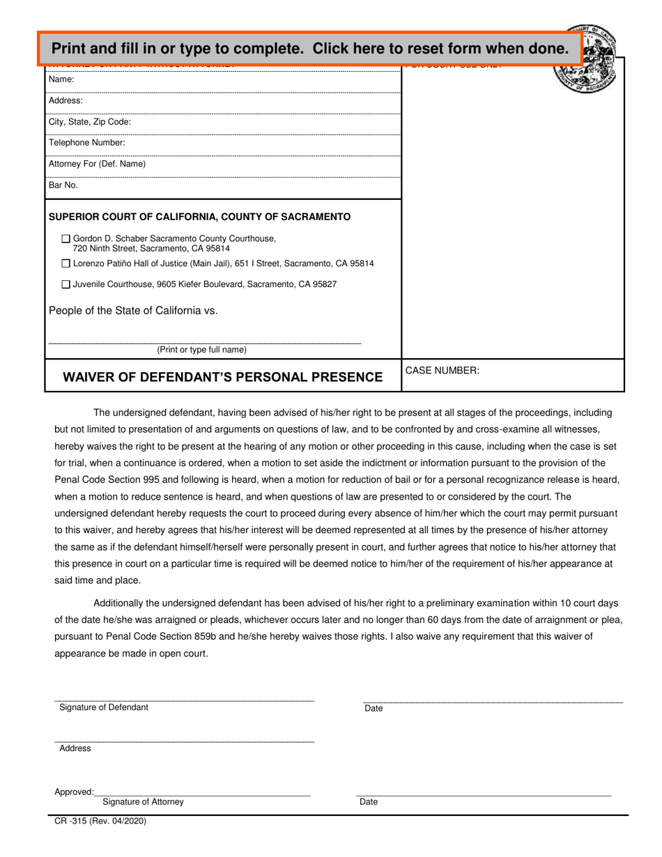 Form CR-315 - Fill Out, Sign Online and Download Fillable PDF, County ...