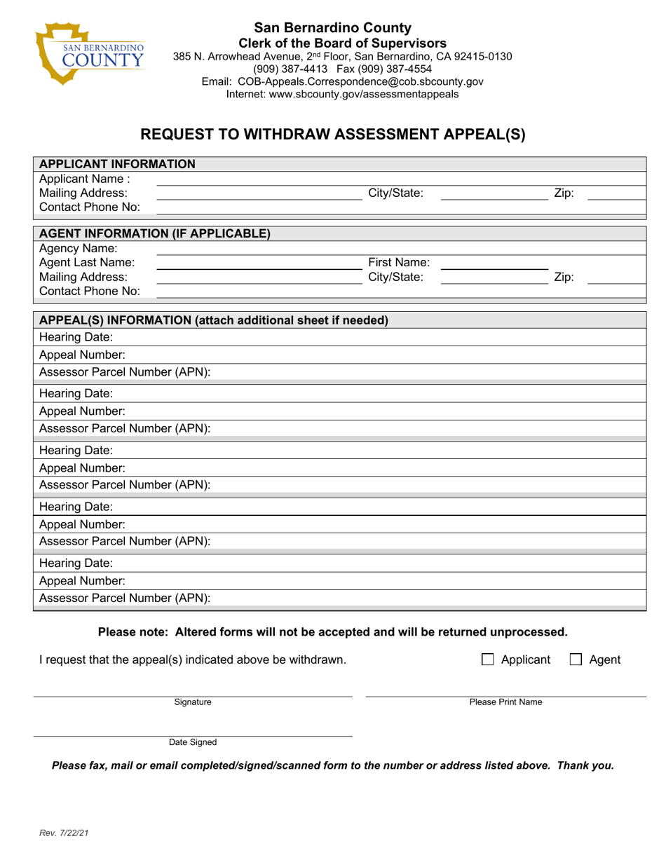 County of San Bernardino, California Request to Withdraw Assessment ...