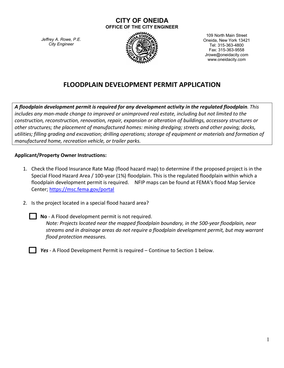 City of Oneida, New York Floodplain Development Permit Application ...