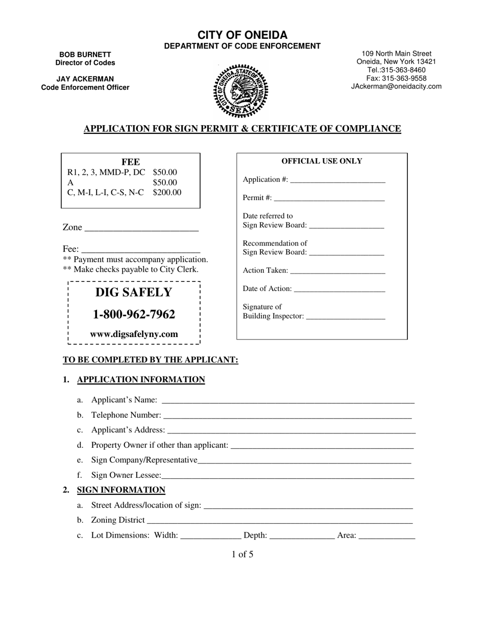 City of Oneida, New York Application for Sign Permit & Certificate of Compliance - Fill Out ...