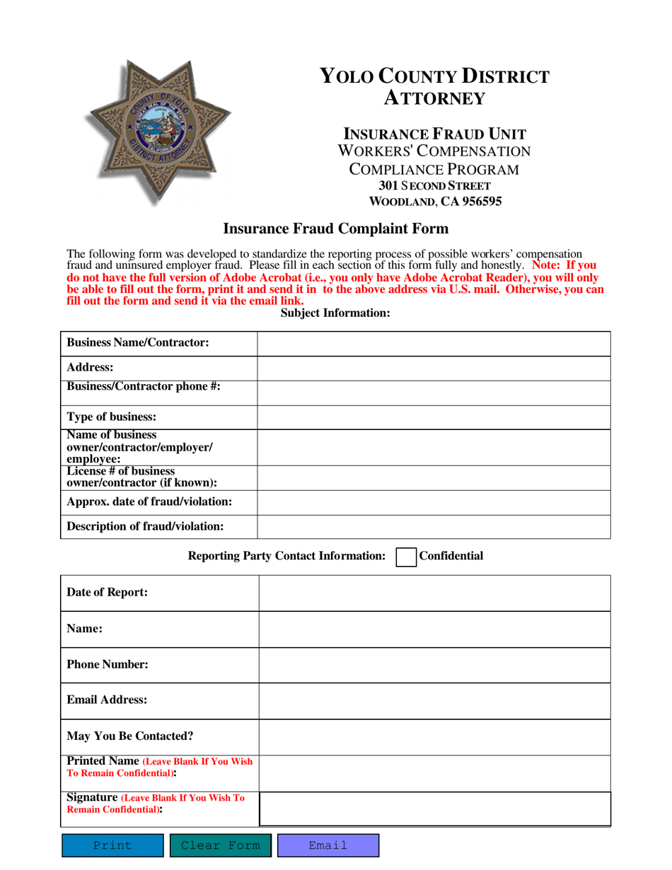 Yolo County, California Insurance Fraud Complaint Form - Fill Out, Sign ...