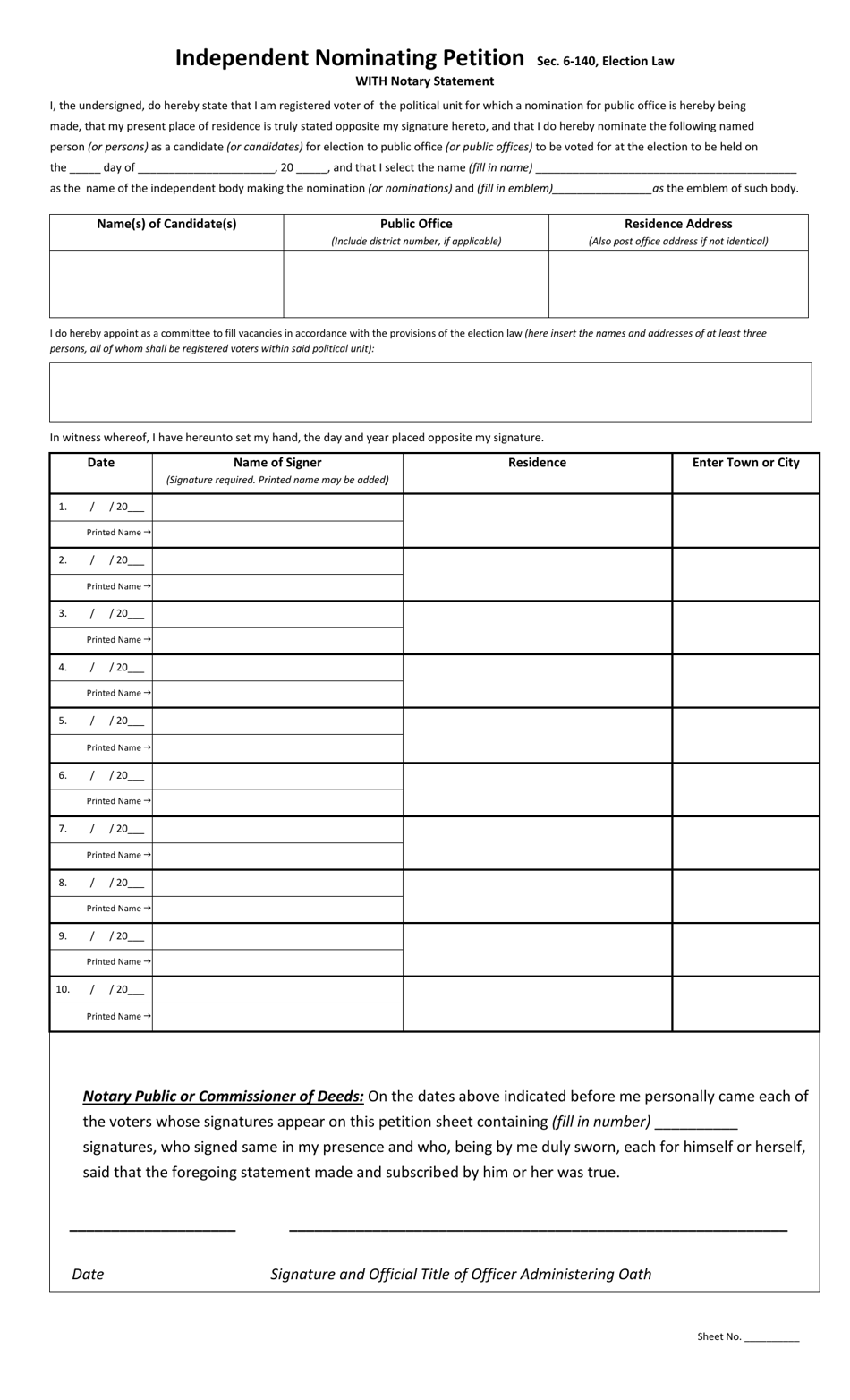 New York Independent Nominating Petition With Notary Statement - Fill ...