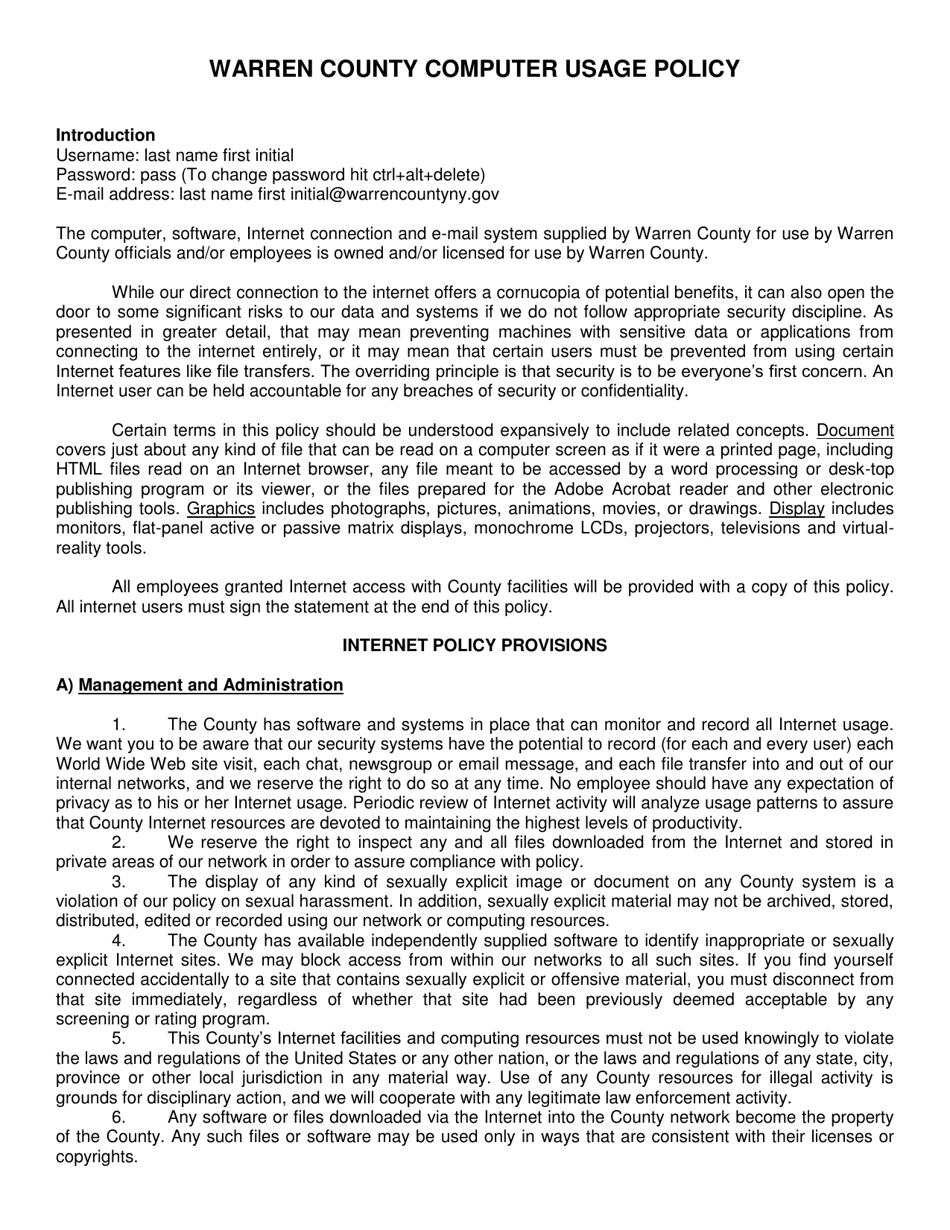 Warren County, New York Warren County Computer Usage Policy - Fill Out ...