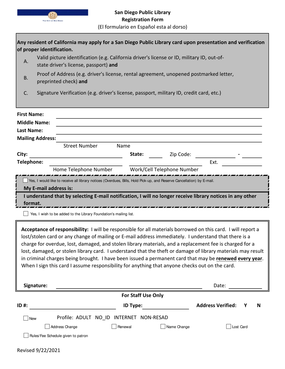 City of San Diego, California San Diego Public Library Registration ...