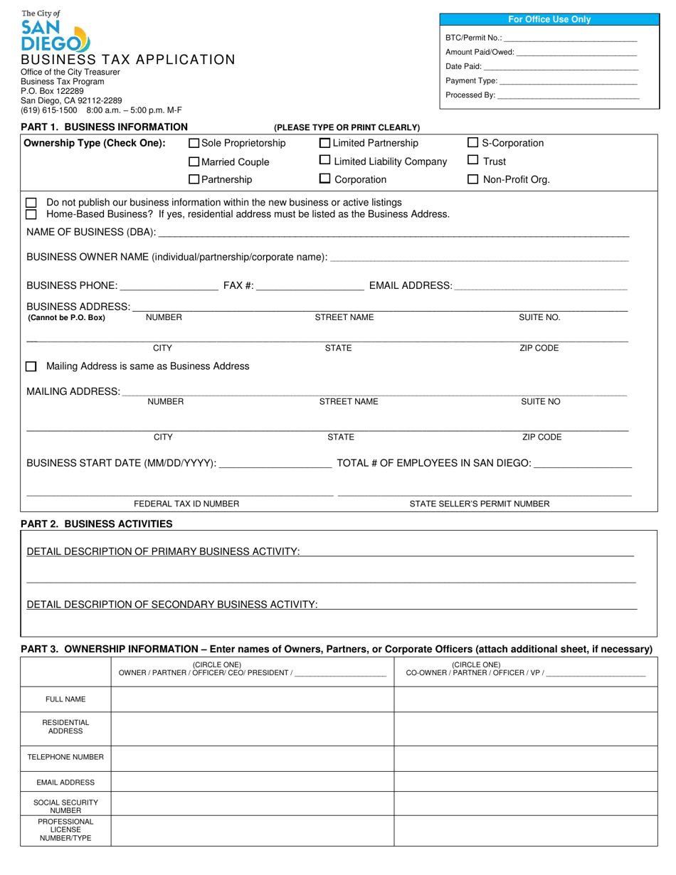 City of San Diego, California Business T Ax Application - Fill Out ...