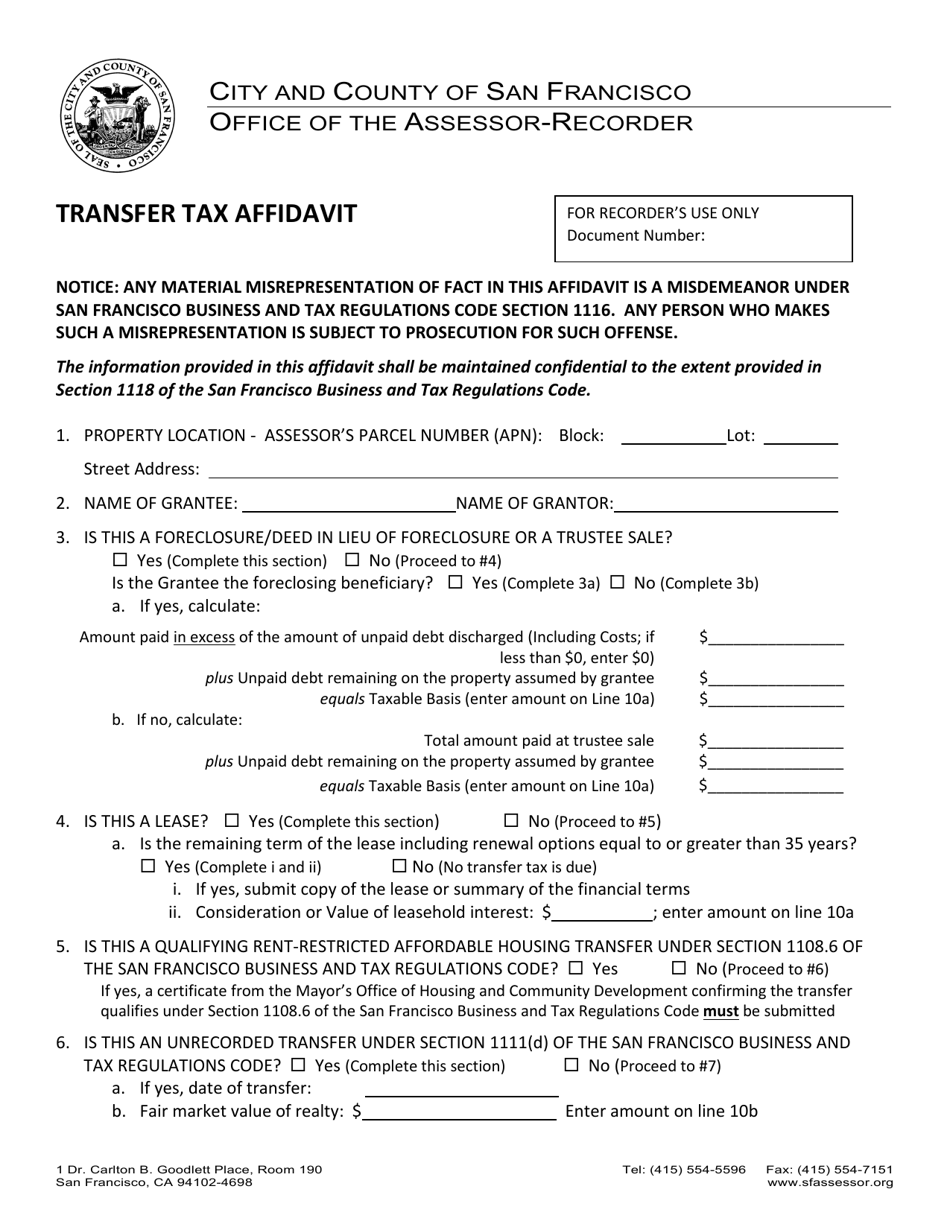 City and County of San Francisco, California Transfer Tax Affidavit ...