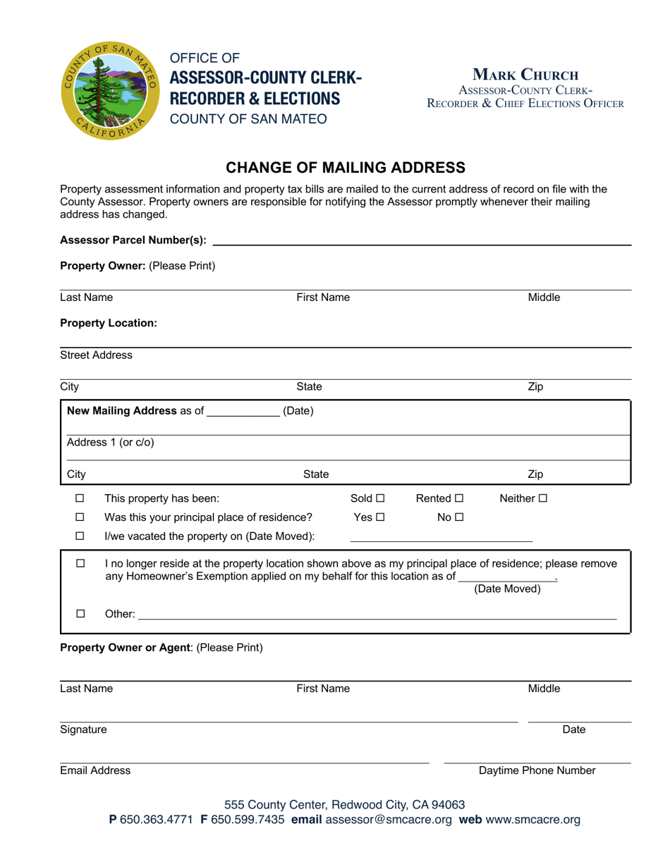 County of San Mateo, California Change of Mailing Address - Fill Out ...