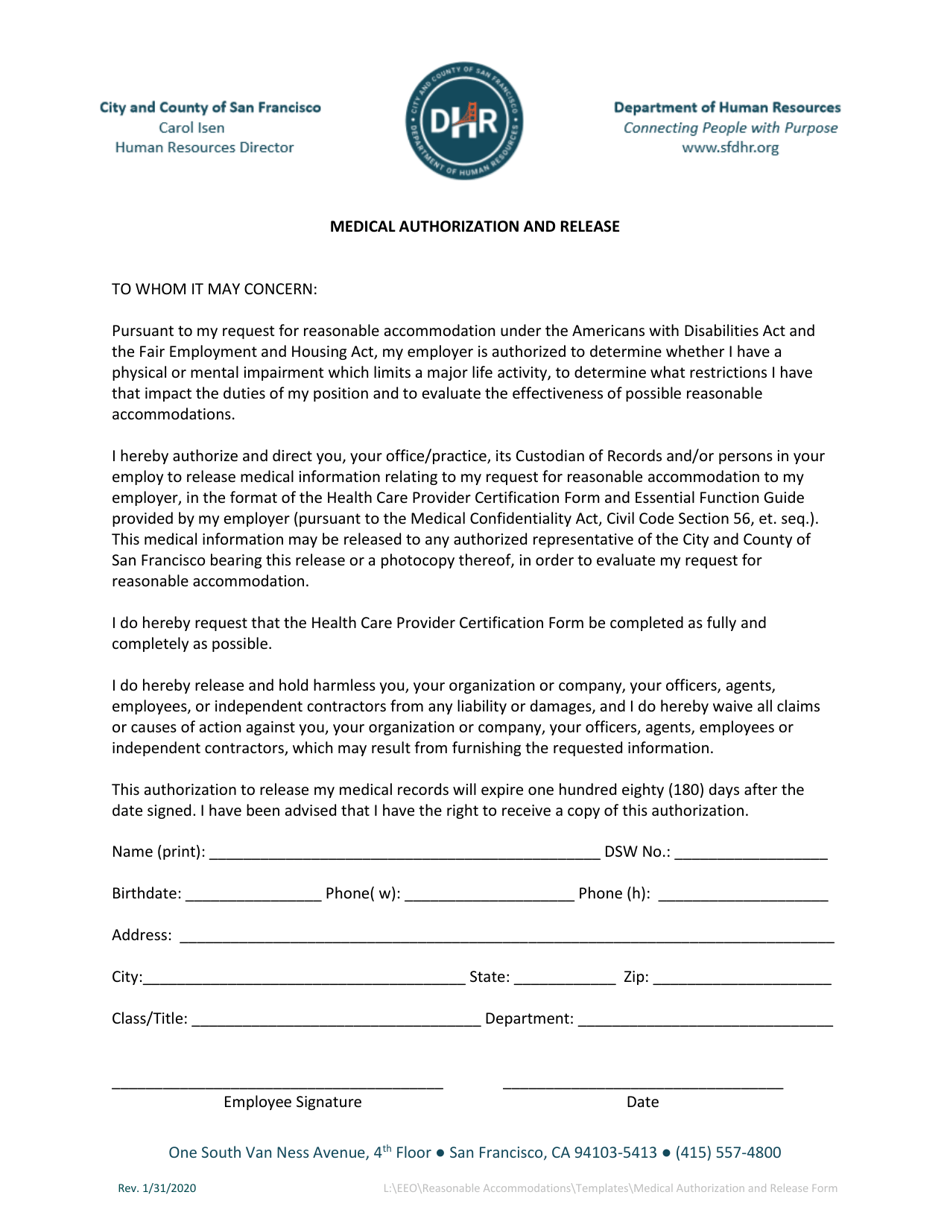 City and County of San Francisco, California Medical Authorization and ...
