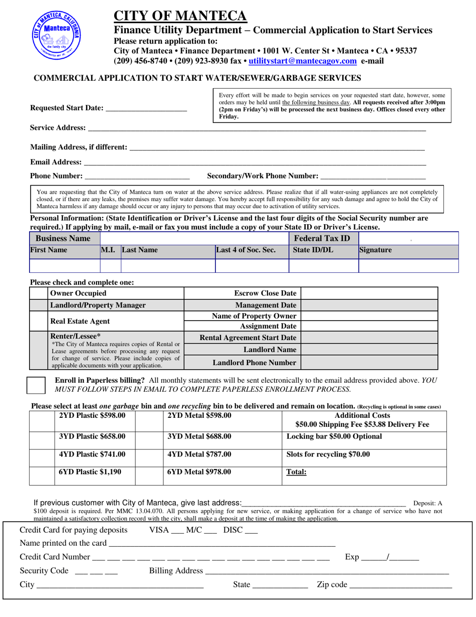 City of Manteca, California Commercial Application to Start Water/Sewer ...