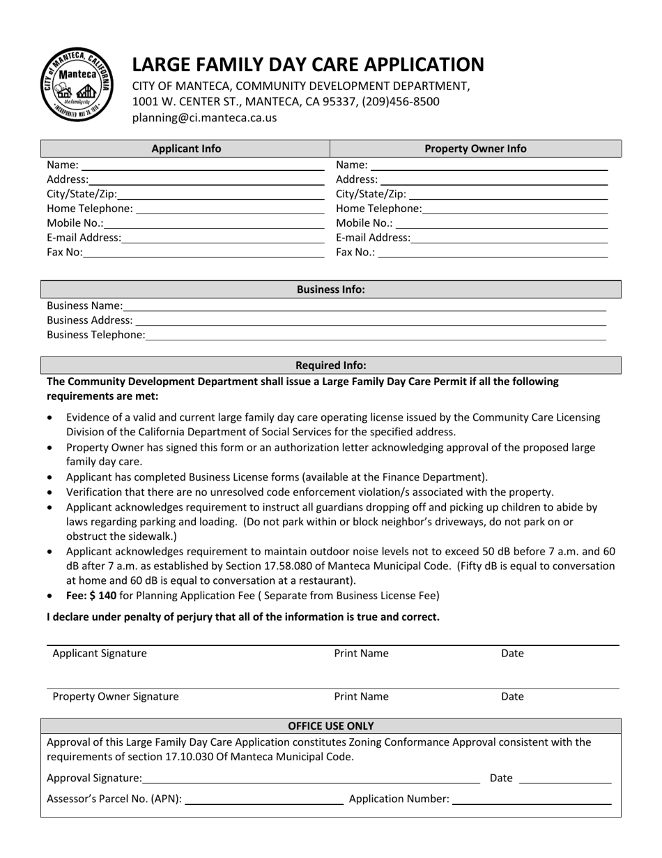 City of Manteca, California Large Family Day Care Application - Fill ...