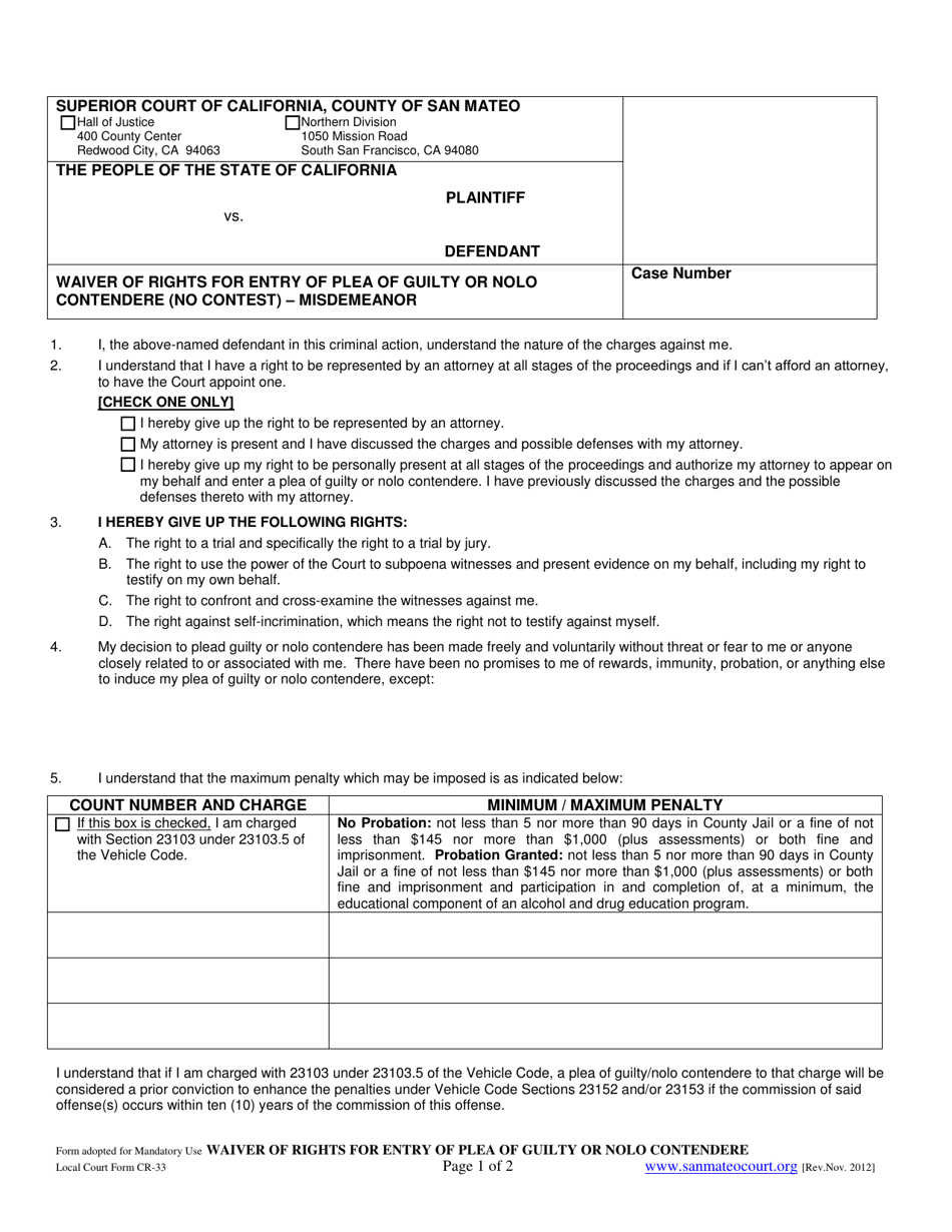 Form CR-33 - Fill Out, Sign Online and Download Fillable PDF, County of ...