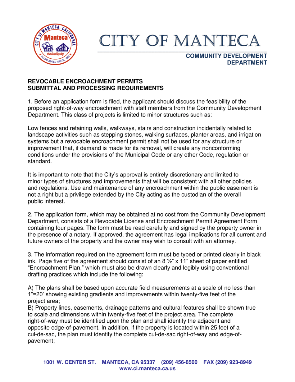 City of Manteca, California Revocable Encroachment Permit Application ...