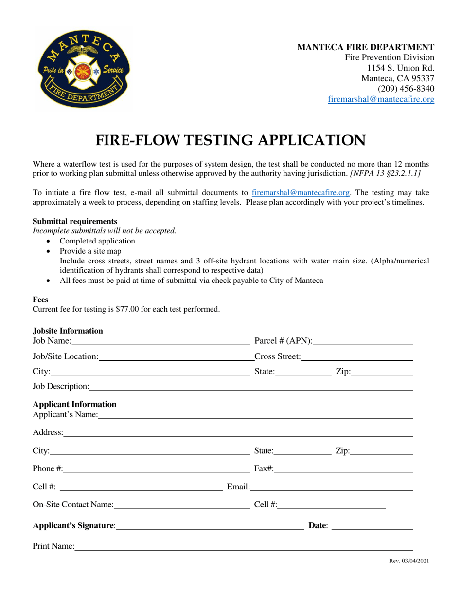 City of Manteca, California Fire-Flow Testing Application - Fill Out ...