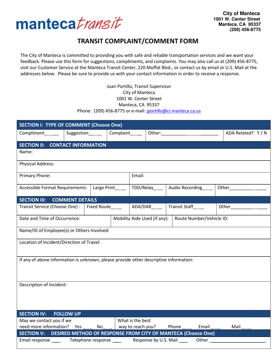 City of Manteca, California Transit Complaint/Comment Form - Fill Out ...