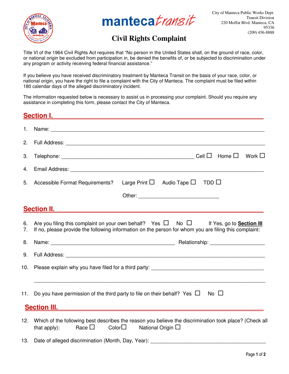 City of Manteca, California Civil Rights Complaint - Fill Out, Sign ...