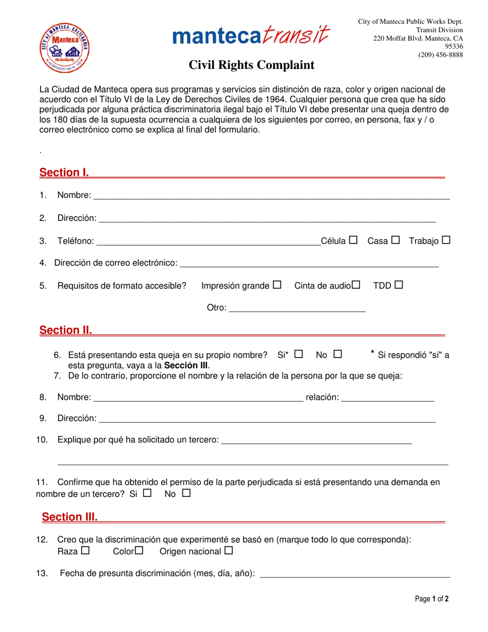 City of Manteca, California Civil Rights Complaint - Fill Out, Sign ...